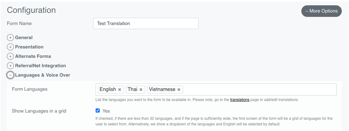 Form: Show Languages in a Grid – Global Health